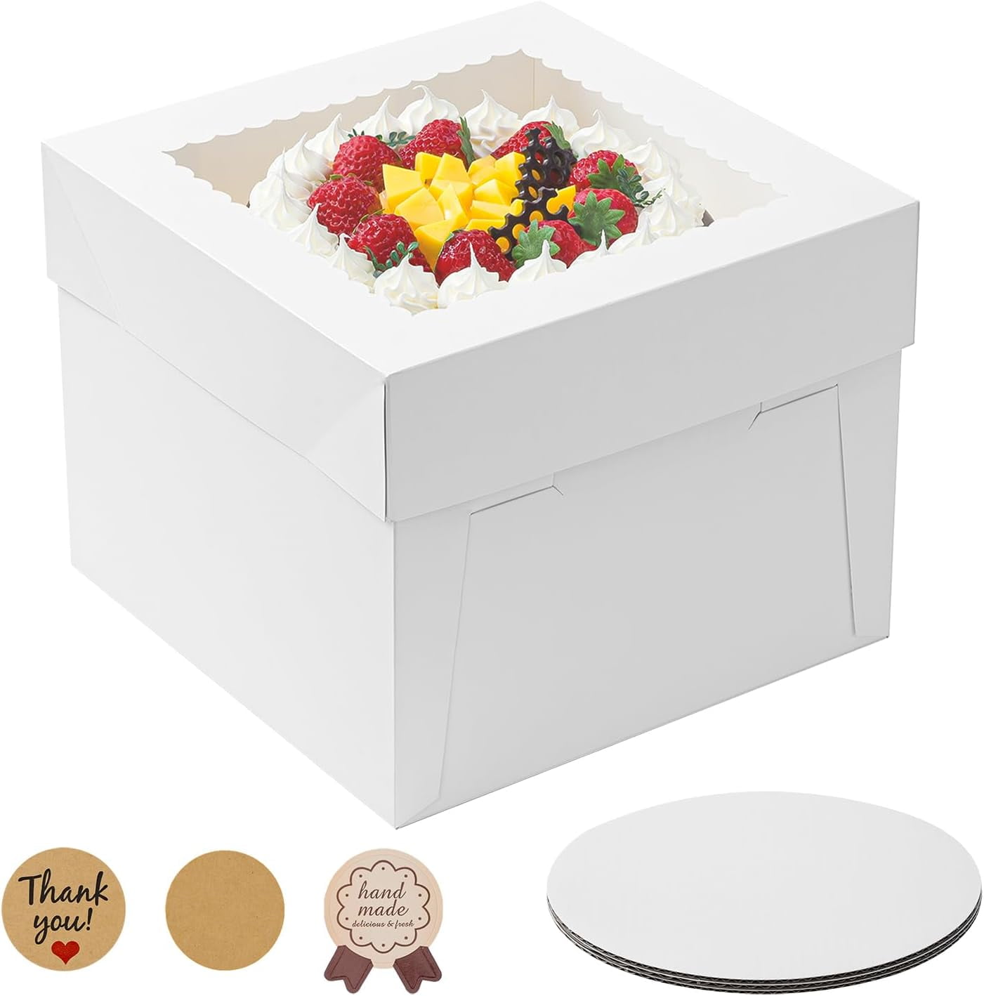 5 Pack Cake Boxes, 10x10x8 Inches Tall Cake Box with Cake Boards, White ...