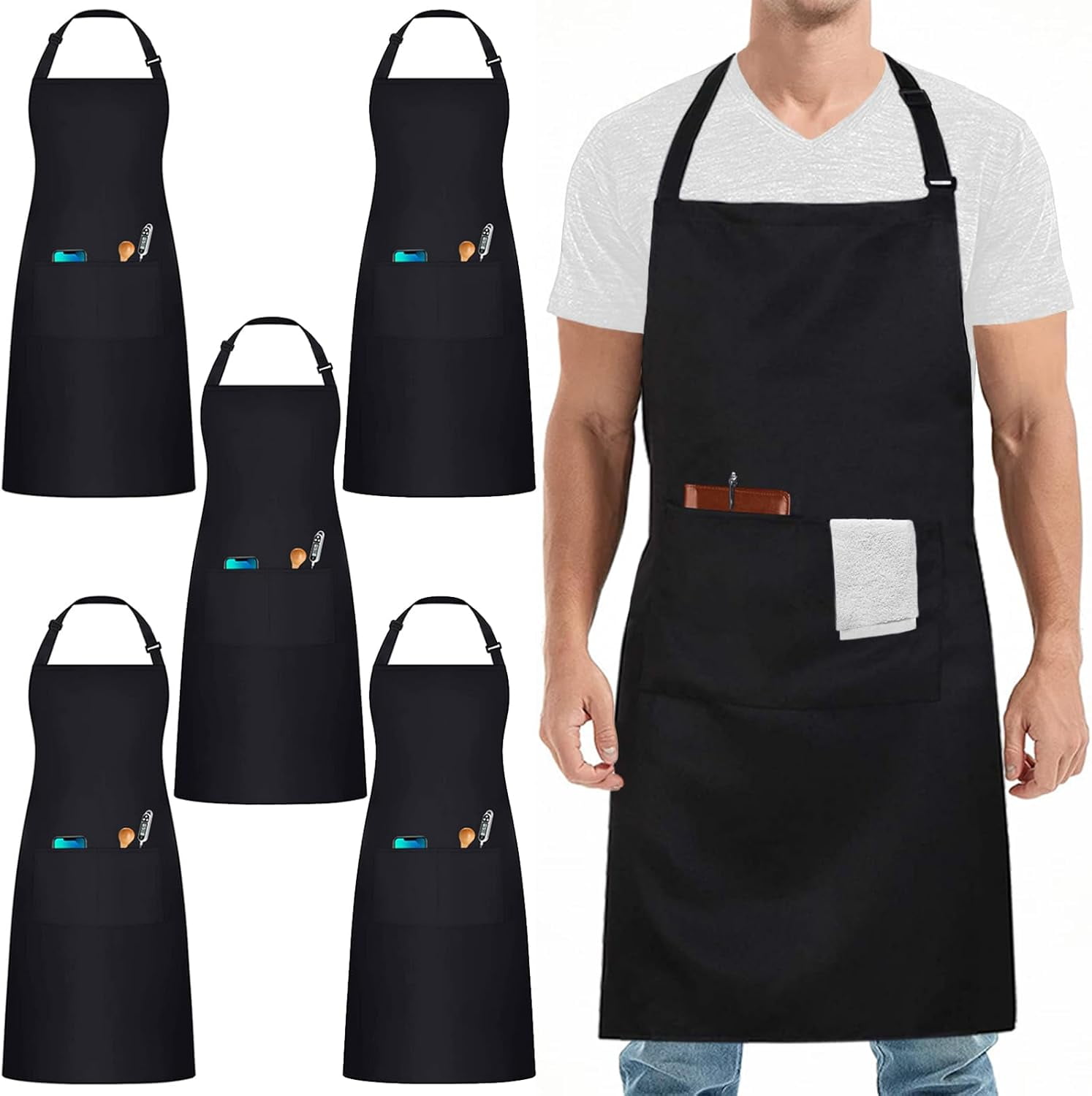 5 Pack Chef Apron, Servers Large Apron, Kitchen Bib Apron for Women Men ...
