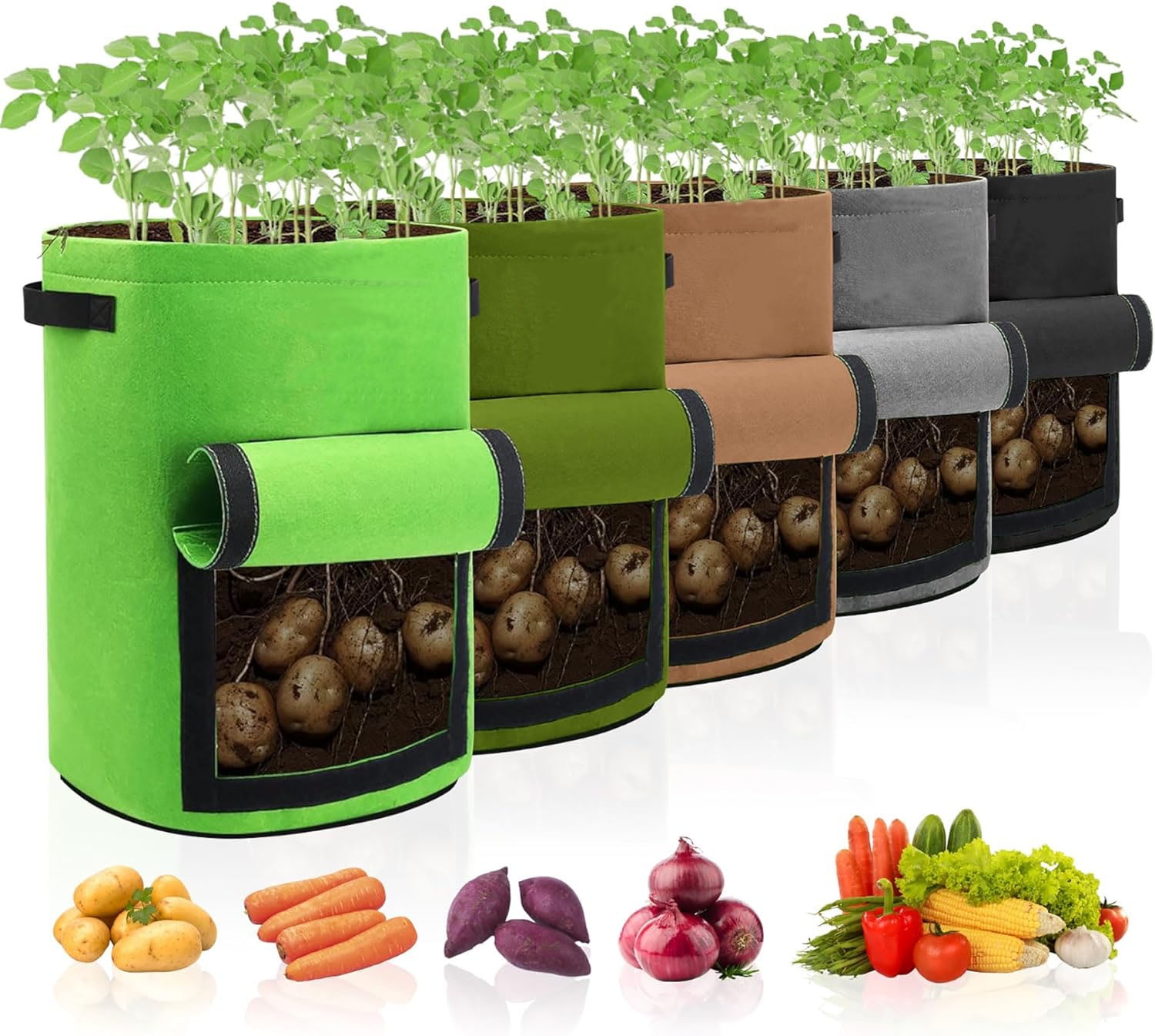 5-Pack Colorful 10 Gallon Potato Grow Bags, Upgraded Heavy Duty Potato ...