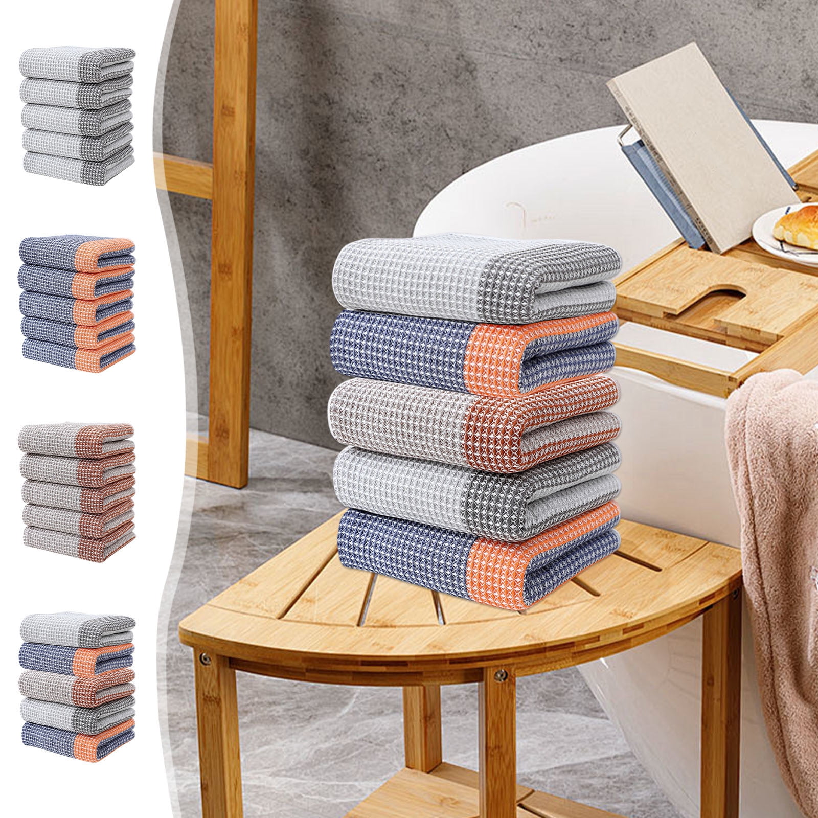 5-Pack Cotton Bath Towels, 29x14 Inches, Soft & Absorbent, Gray/Blue ...