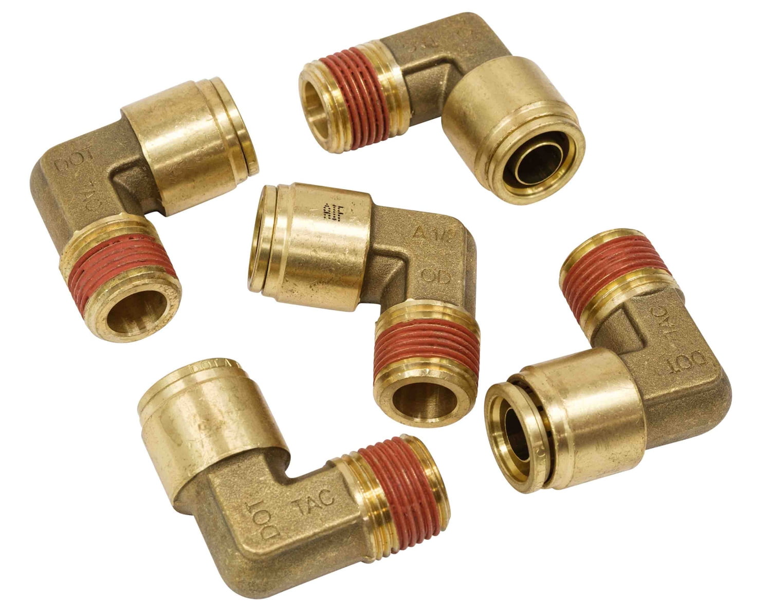 (5 Pack) DOT Brass Push to Connect Fitting Elbow - 1/2" Tube OD x 3/8" NPT Air Brake Line ...