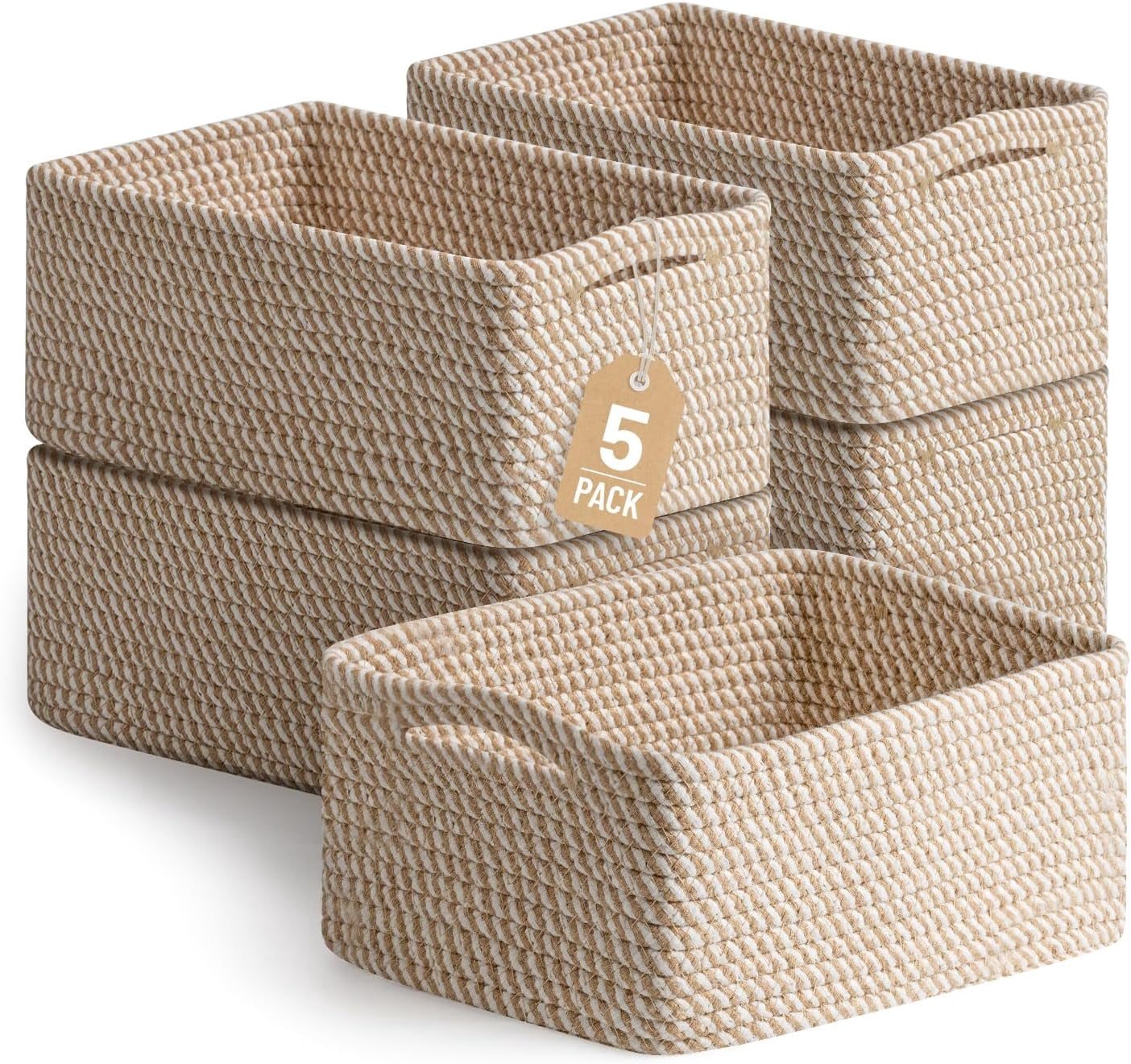 5 Pack Decorative Small Storage Baskets for Shelves, Cotton Rope Woven ...
