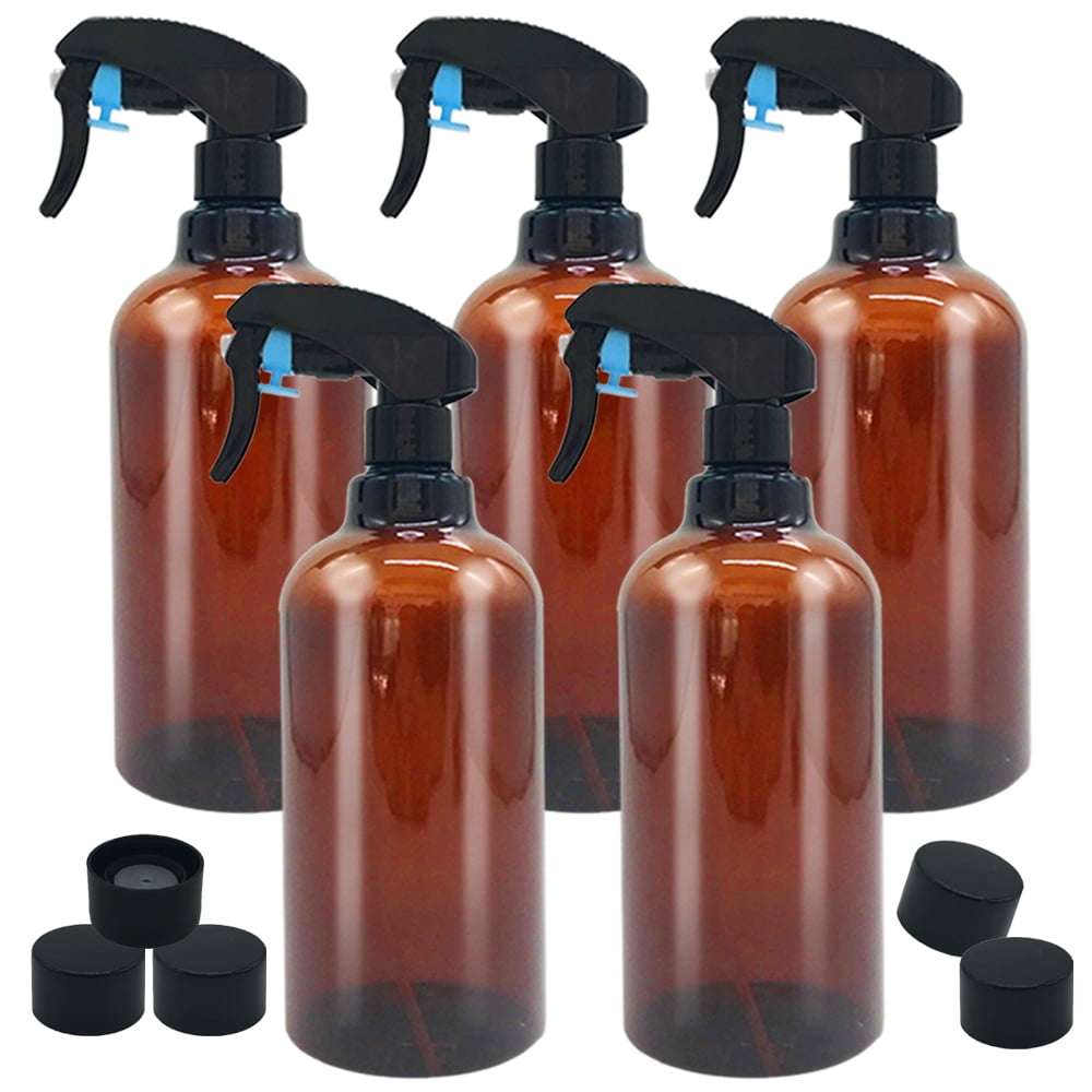 5 Pack Amber Spray Bottles, 16 Oz with Black Sprayers and Caps for Oils ...
