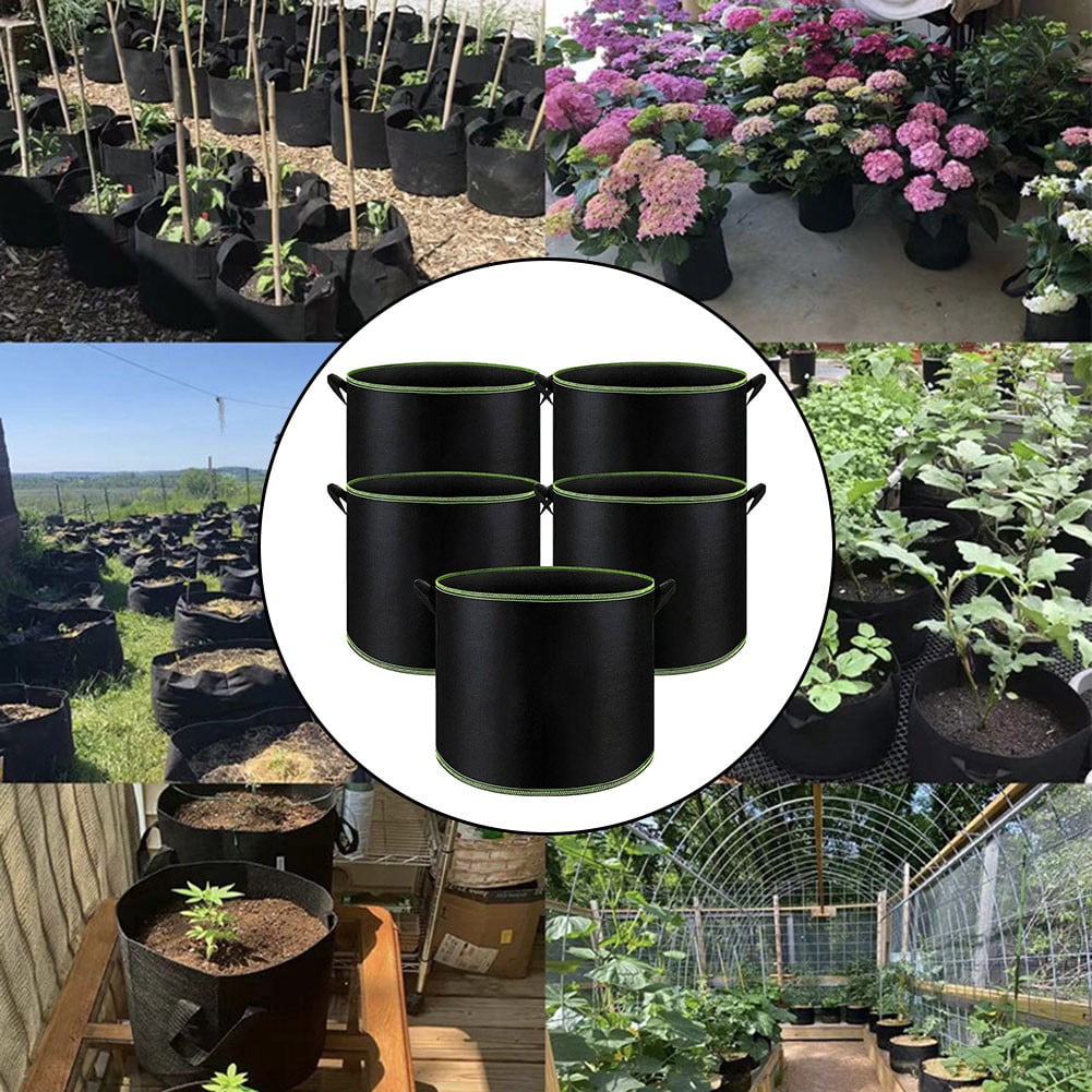 5 Pack Fabric Grow Pots Round Aeration Plant Pots Grow Bags 3-15 Gallon ...