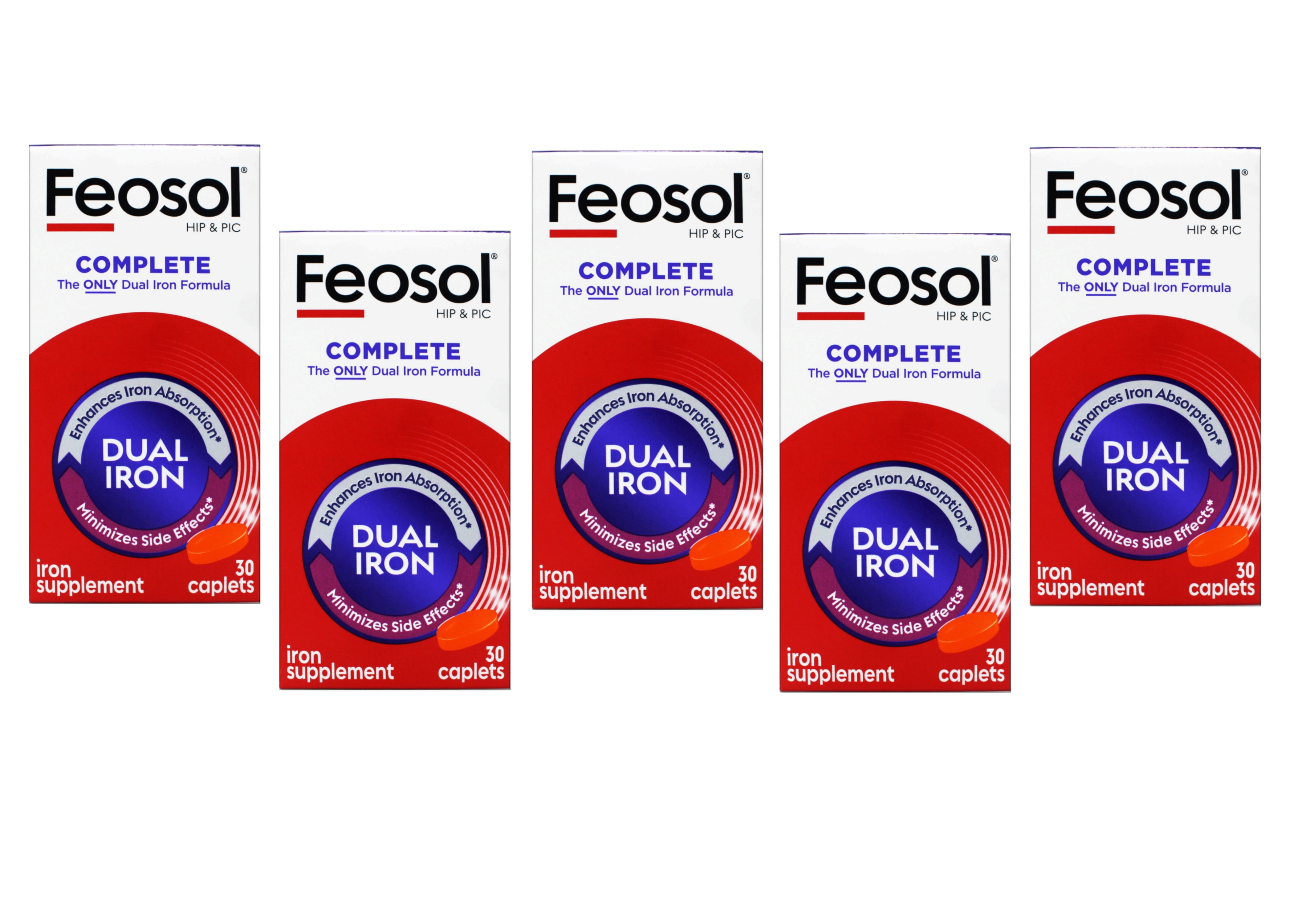 5 Pack Feosol Complete Bifera HIP & PIC Iron Supplement 30 Caplets Each ...