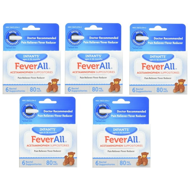 5 Pack - FeverAll Infants 6 Rectal Acetaminophen Suppositories 80mg ...