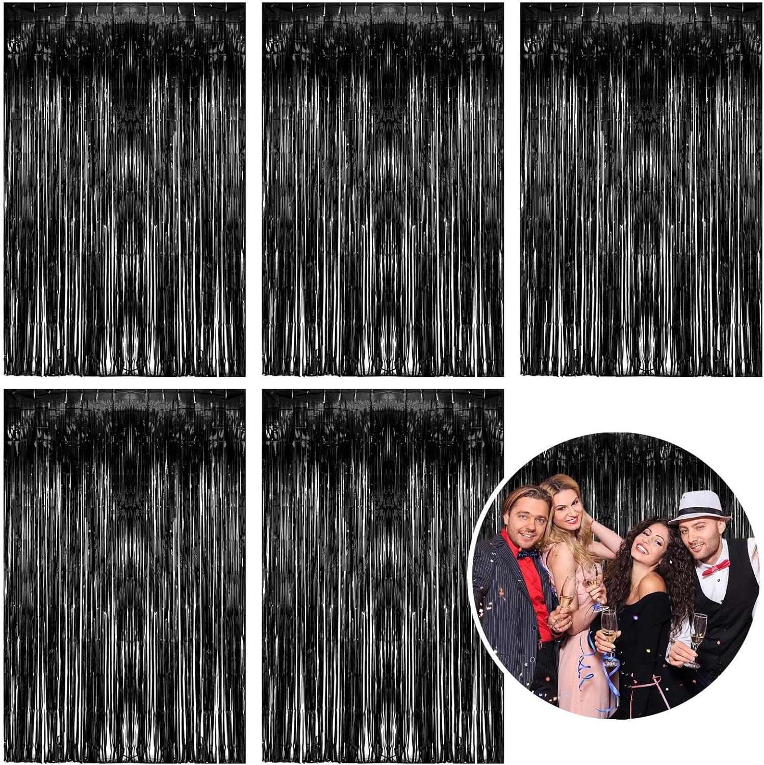 5 Pack Foil Curtain Backdrop Black Metallic Tinsel Foil Fringe Curtains ...