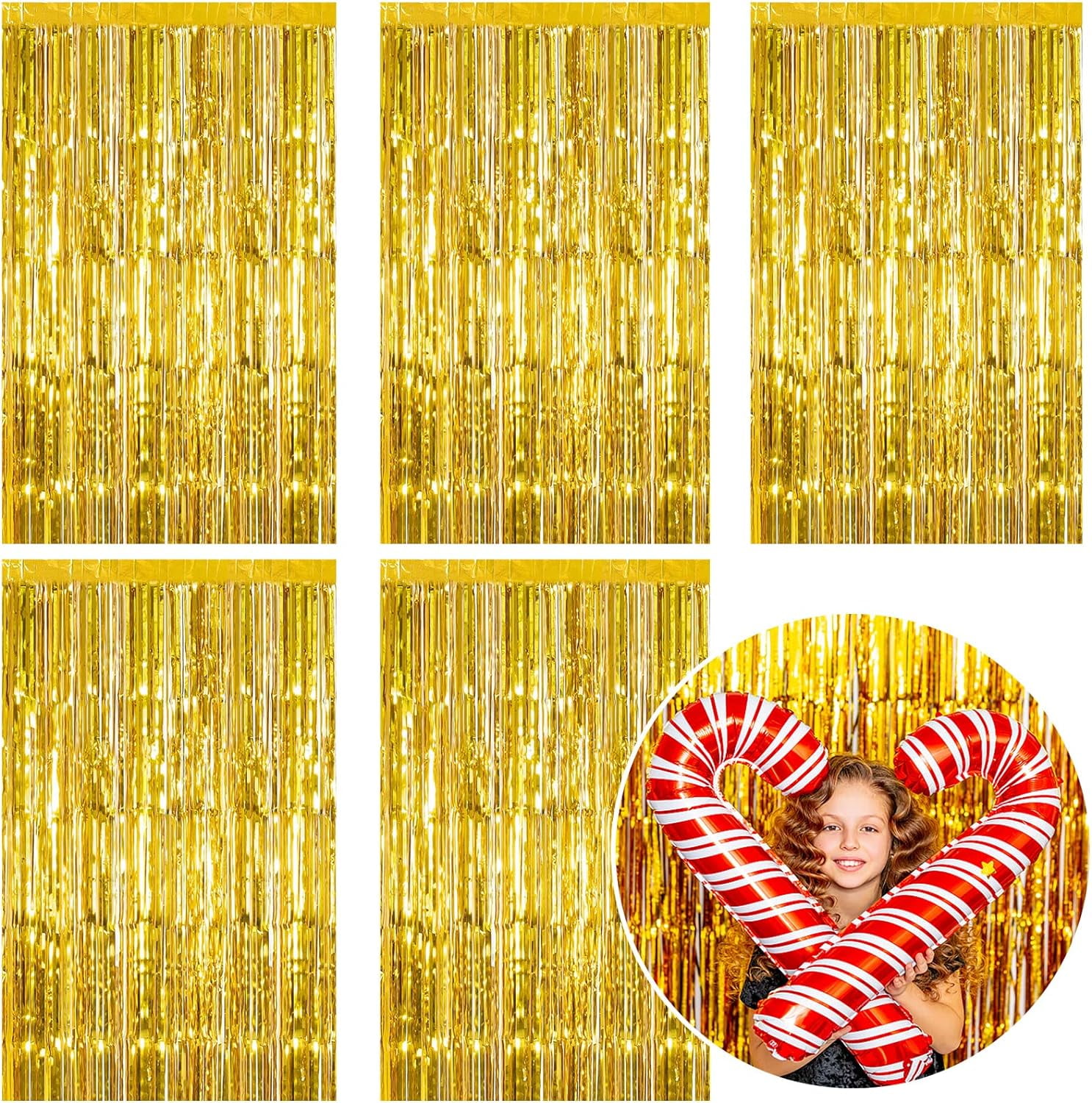 5 Pack Foil Curtain Backdrop Gold Metallic Tinsel Foil Fringe Curtains ...
