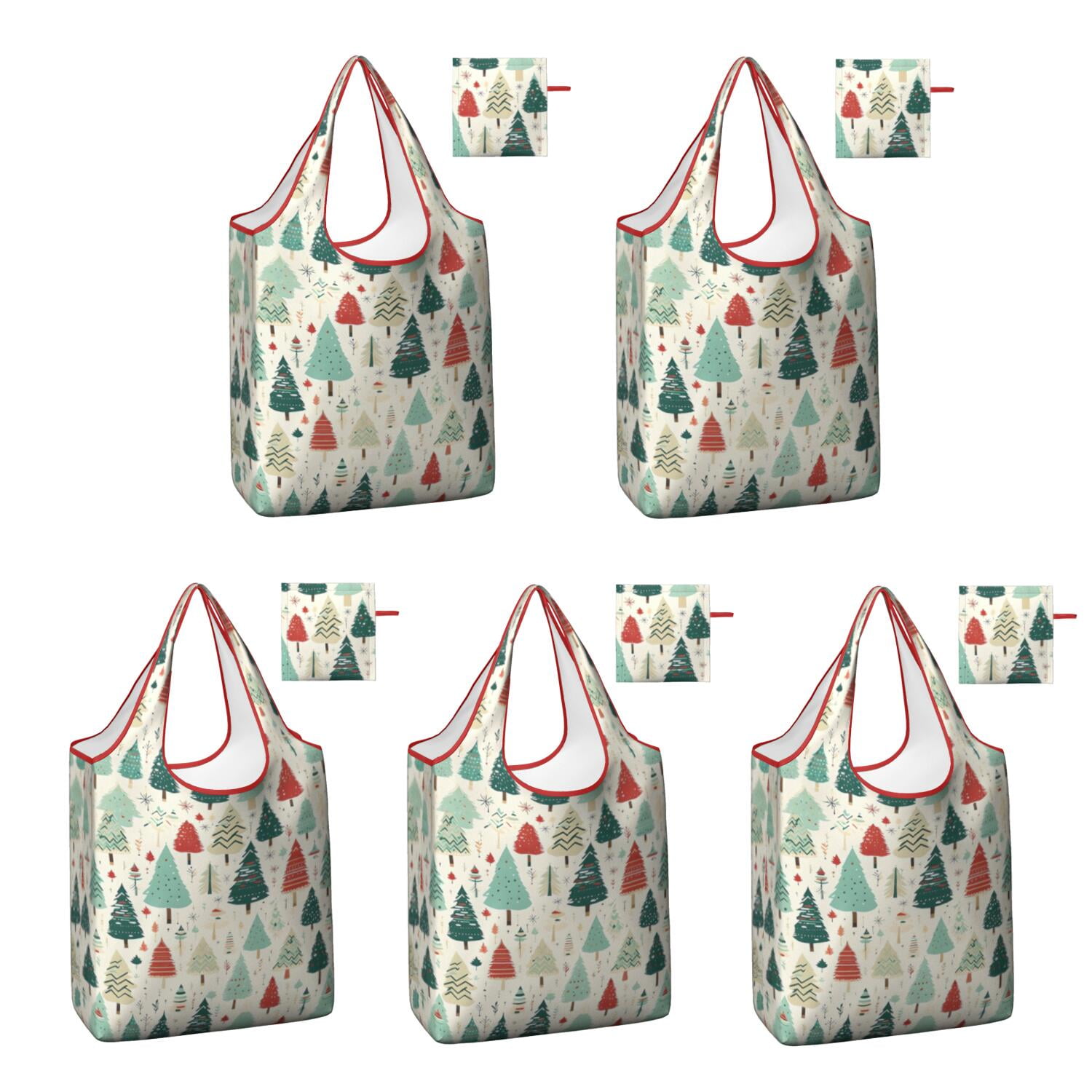 5 Pack Foldable Shopping Bag,Beige Christmas Tree Pattern Reusable ...