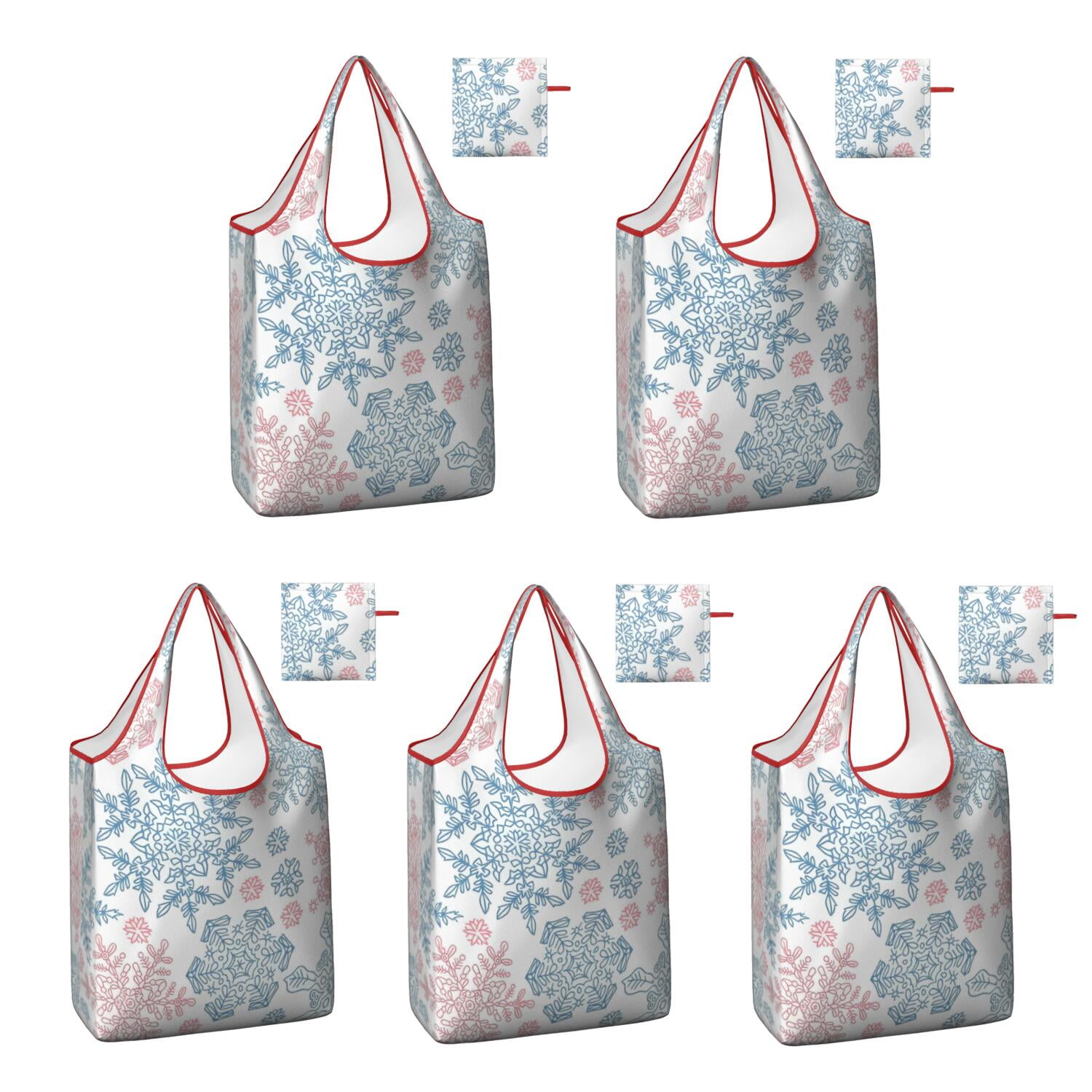 5 Pack Foldable Shopping Bag,Blue and Pink Christmas Snowflake Pattern ...