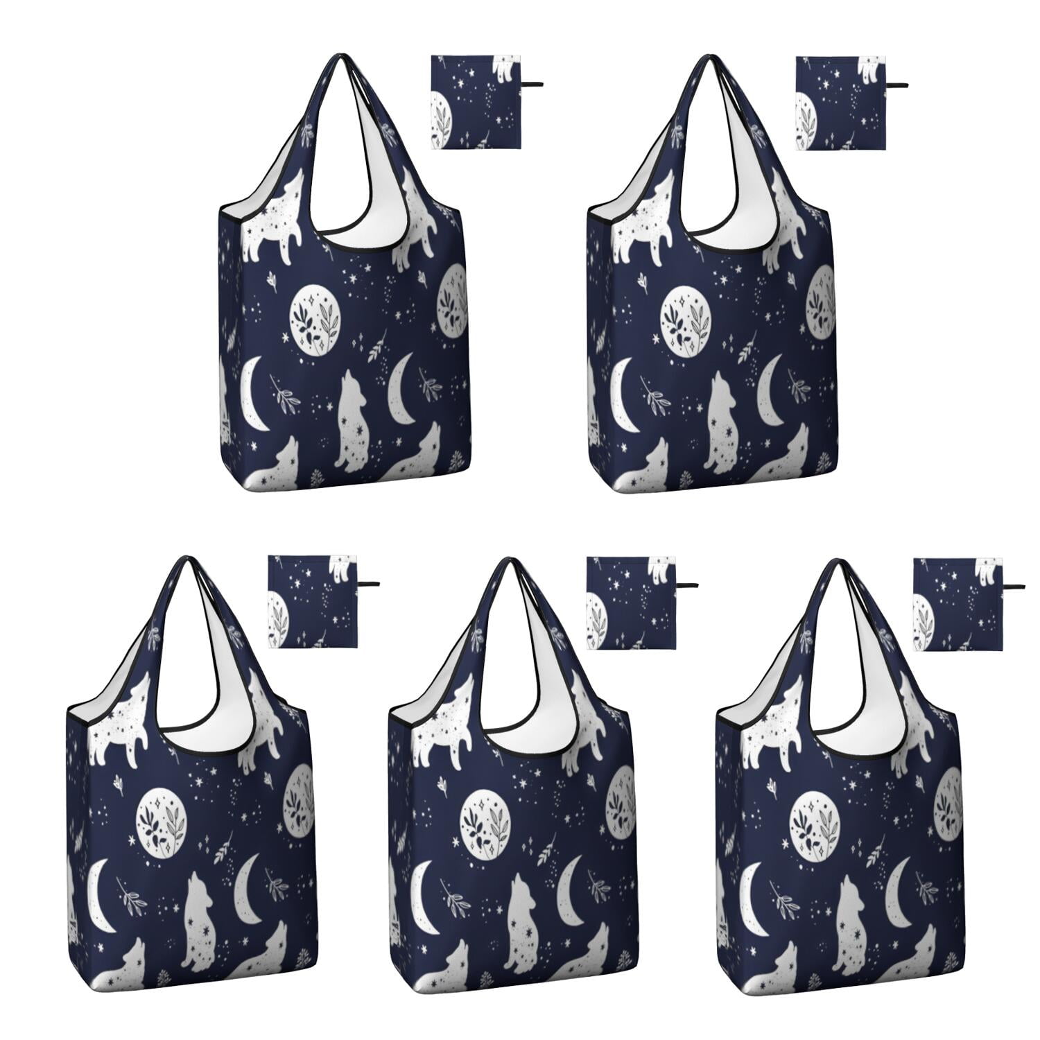 5 Pack Foldable Shopping Bag,Celestial Wolf Halloween Pattern Reusable ...