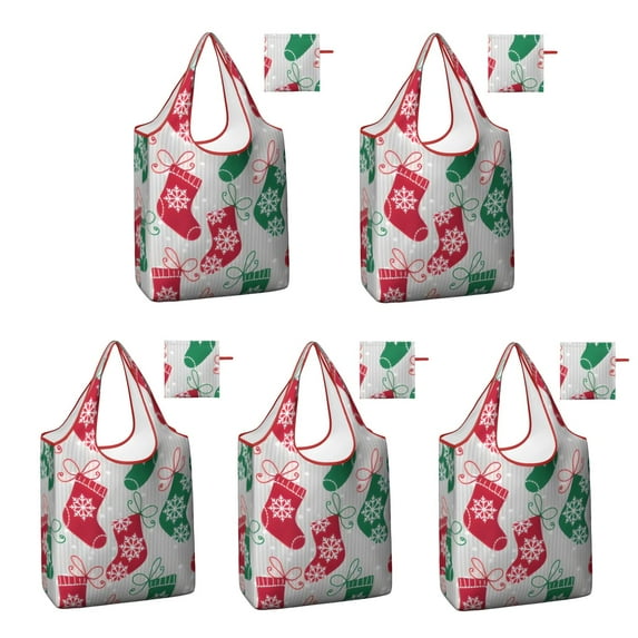 5 Pack Foldable Shopping Bag,Christmas Stocking Pattern Reusable ...