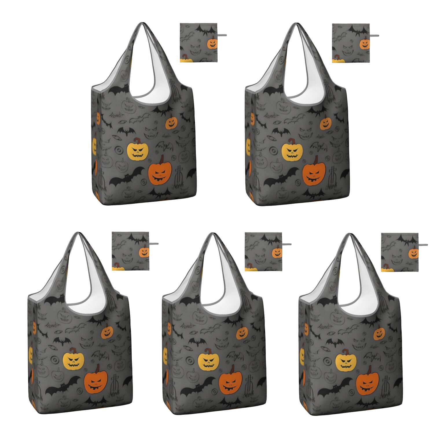 5 Pack Foldable Shopping Bag,Gray Halloween Pumpkins Bats and Faces ...