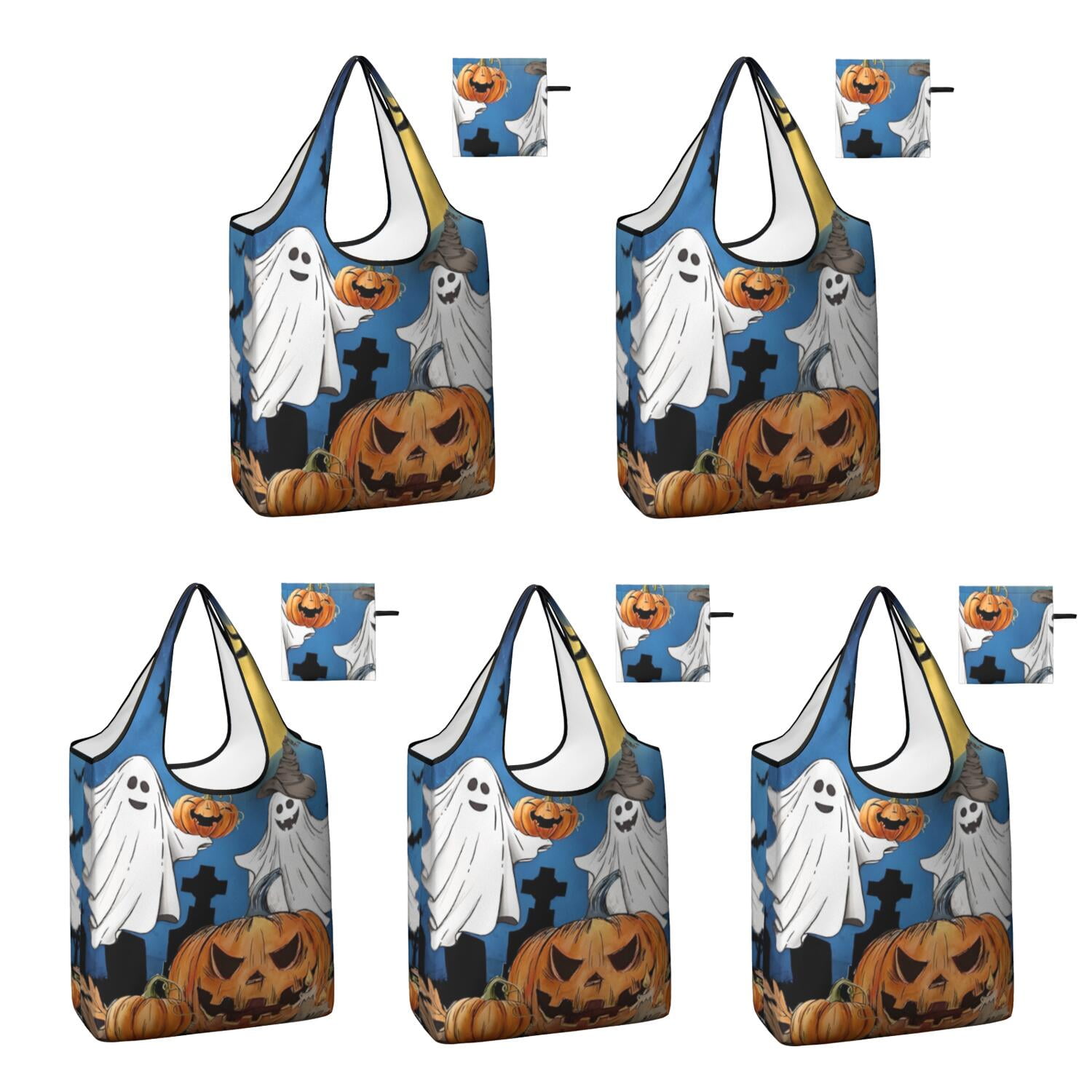 5 Pack Foldable Shopping Bag,Halloween Ghosts and Pumpkins in Graveyard Reusable Grocery Bags ...