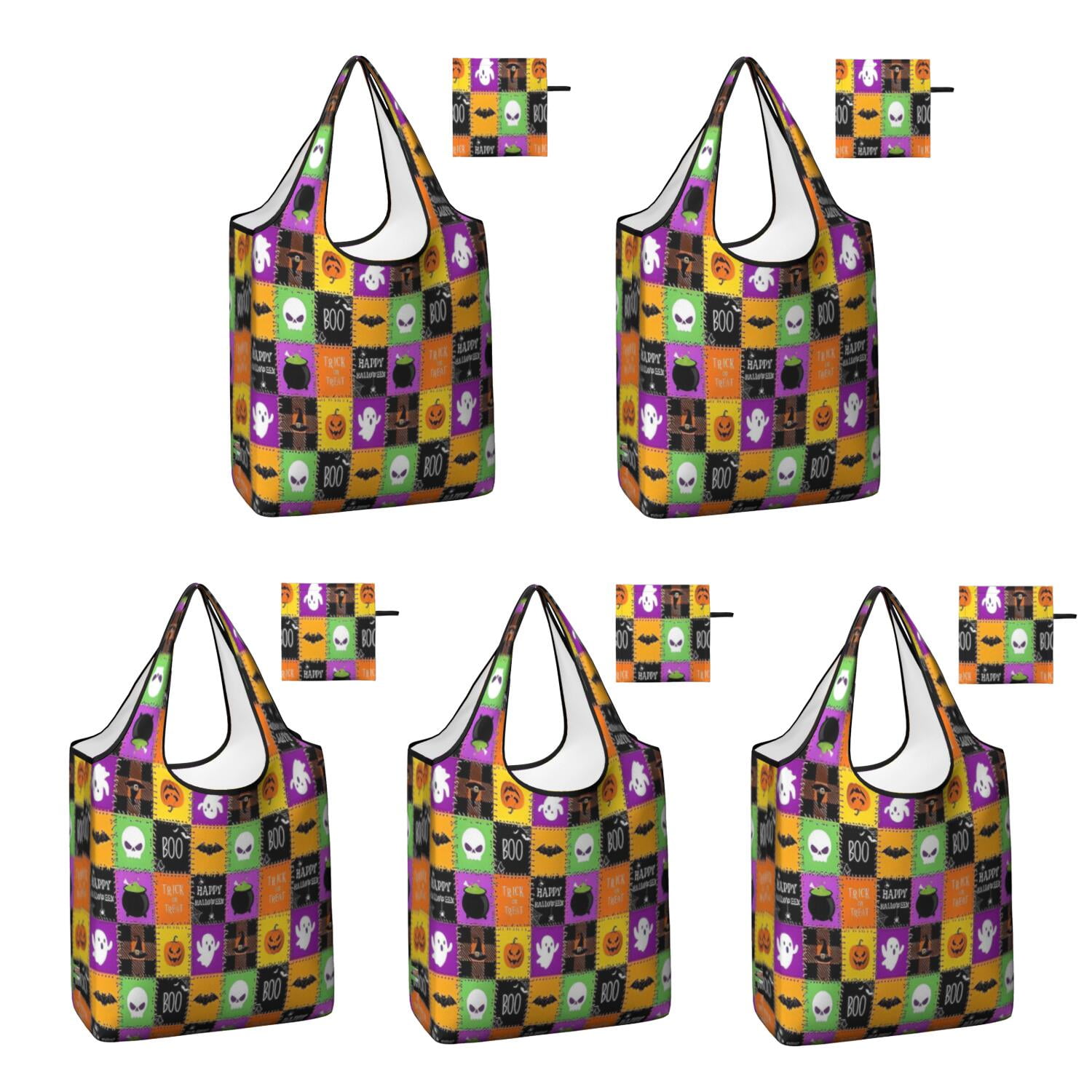 5 Pack Foldable Shopping Bag,Halloween Patchwork Icons Pattern Reusable ...