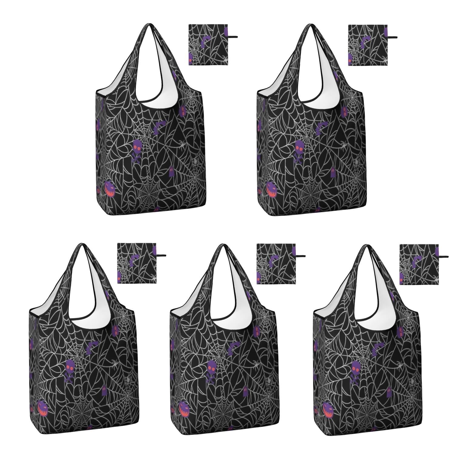 5 Pack Foldable Shopping Bag,Halloween Spider Web with Purple Icons ...