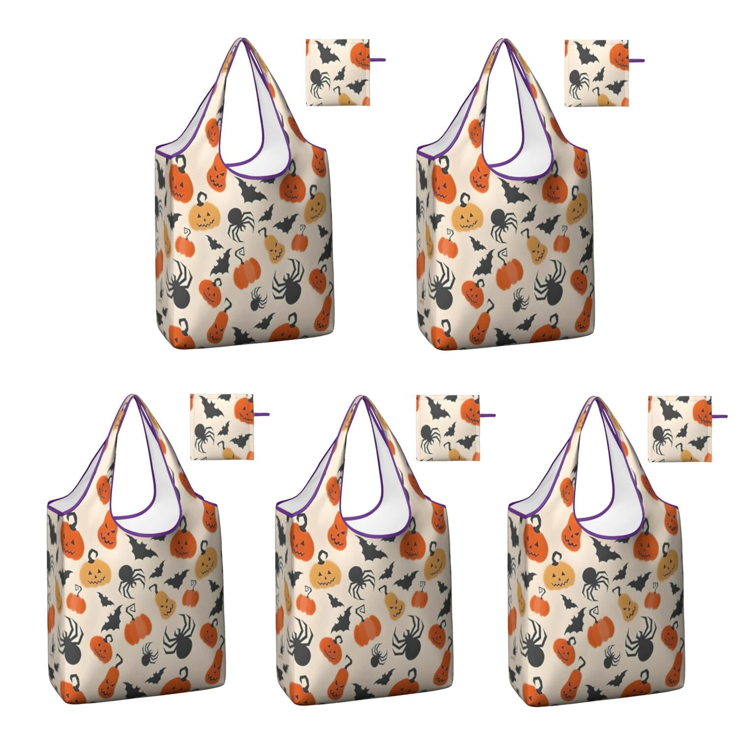 5 Pack Foldable Shopping Bag,Light Halloween Pumpkins Bats and Spiders ...