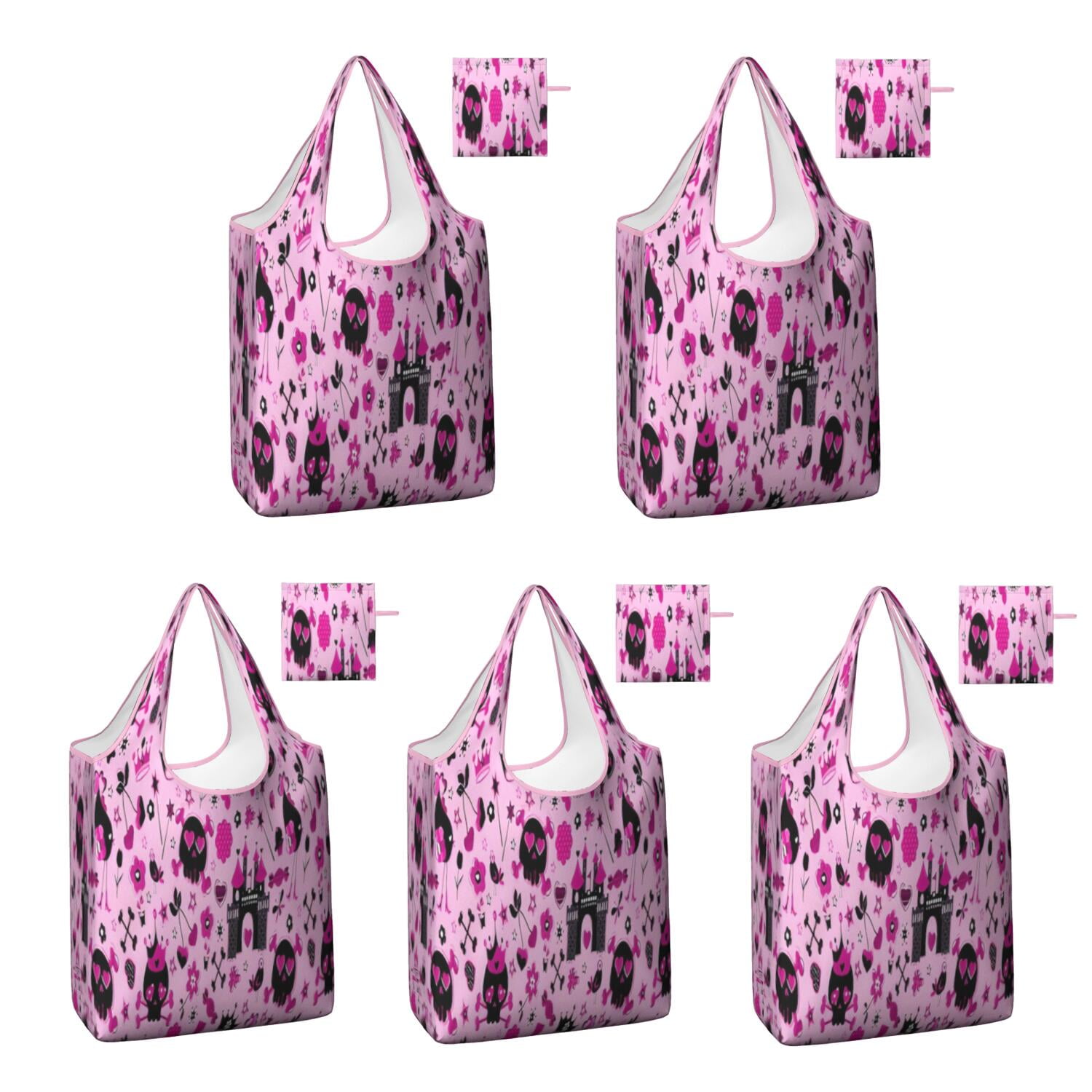 5 Pack Foldable Shopping Bag,Pink Halloween Fantasy Pattern Reusable ...