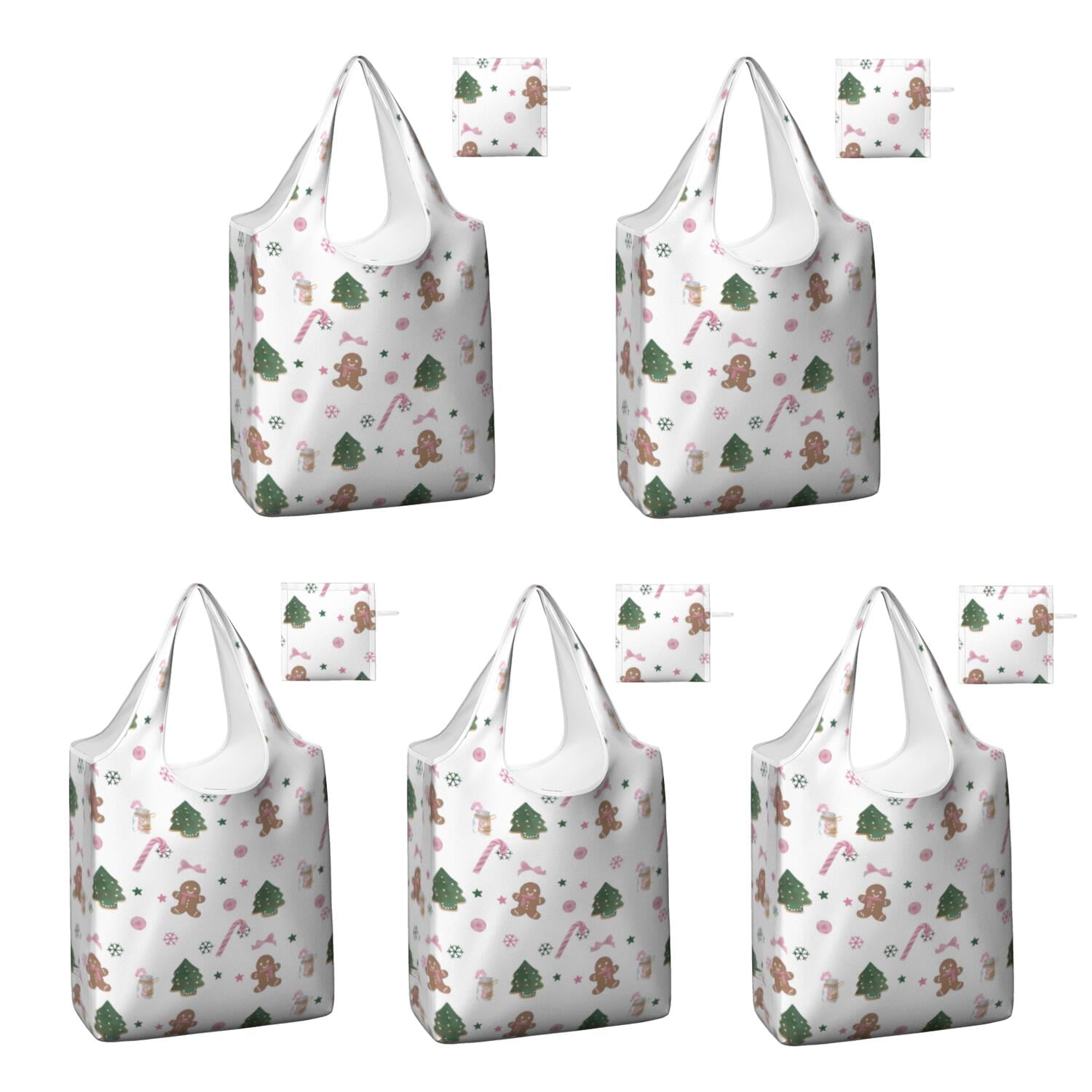 5 Pack Foldable Shopping Bag,White Christmas Gingerbread Man Pattern ...