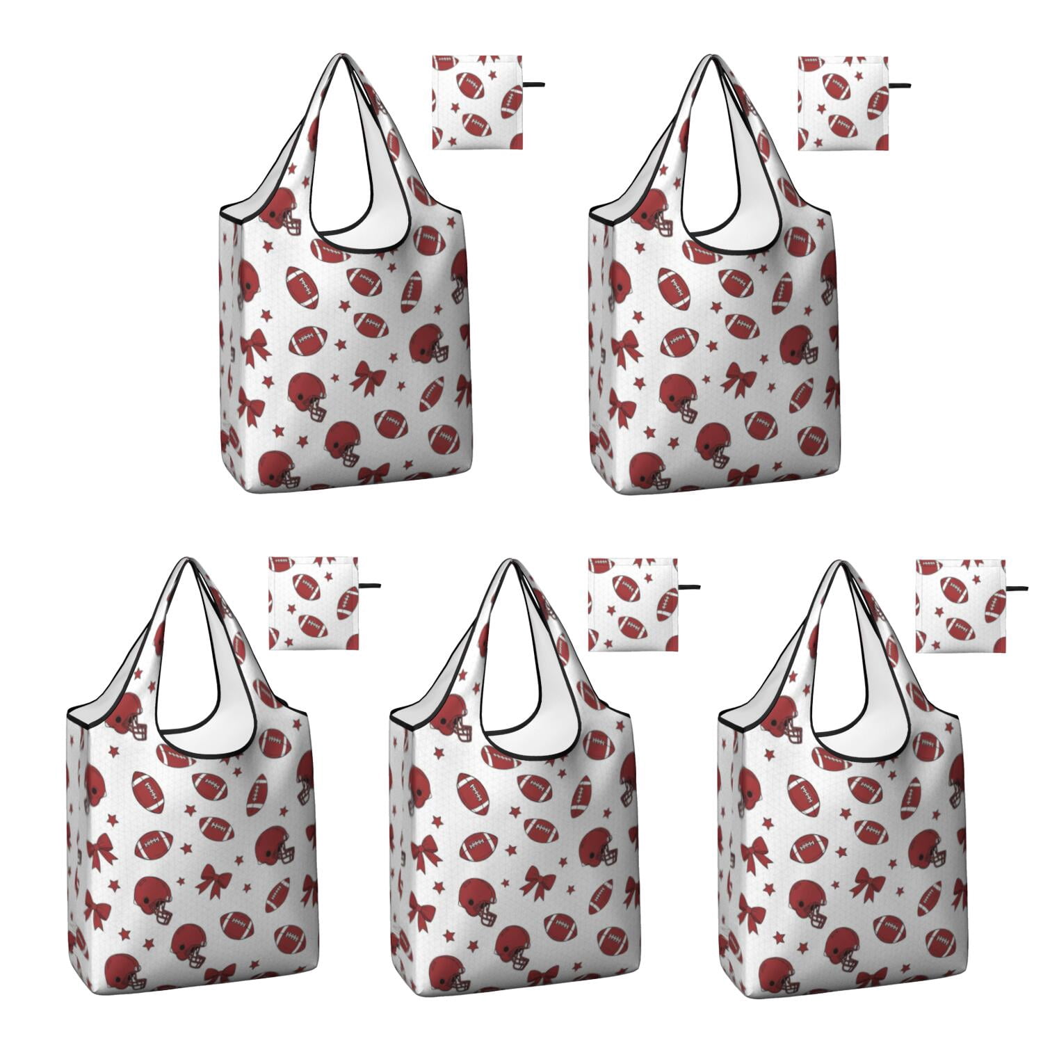 5 Pack Foldable Shopping Bags, Football Bow White Pattern Reusable ...