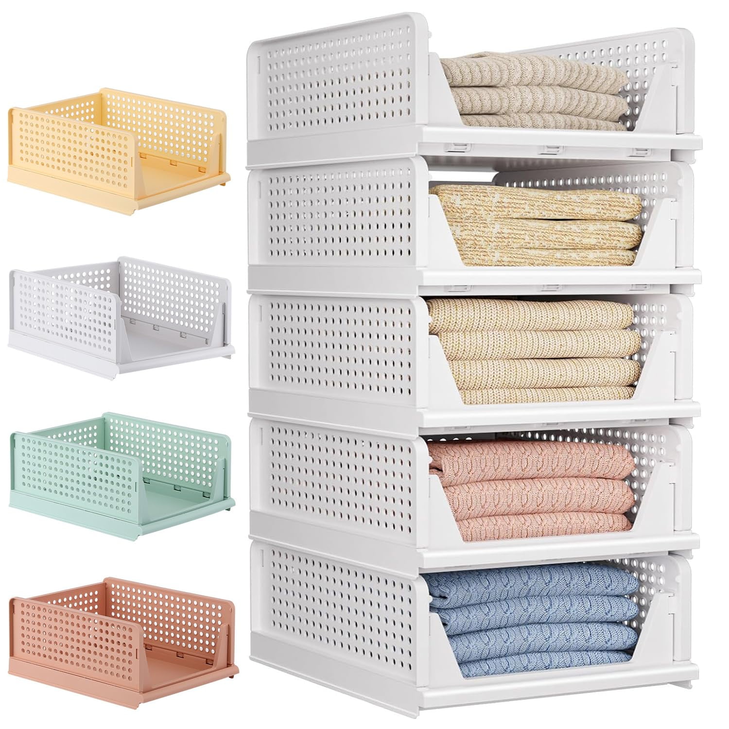5 Pack Folding Closet Organizers Storage Box, Stackable Storage Bins ...