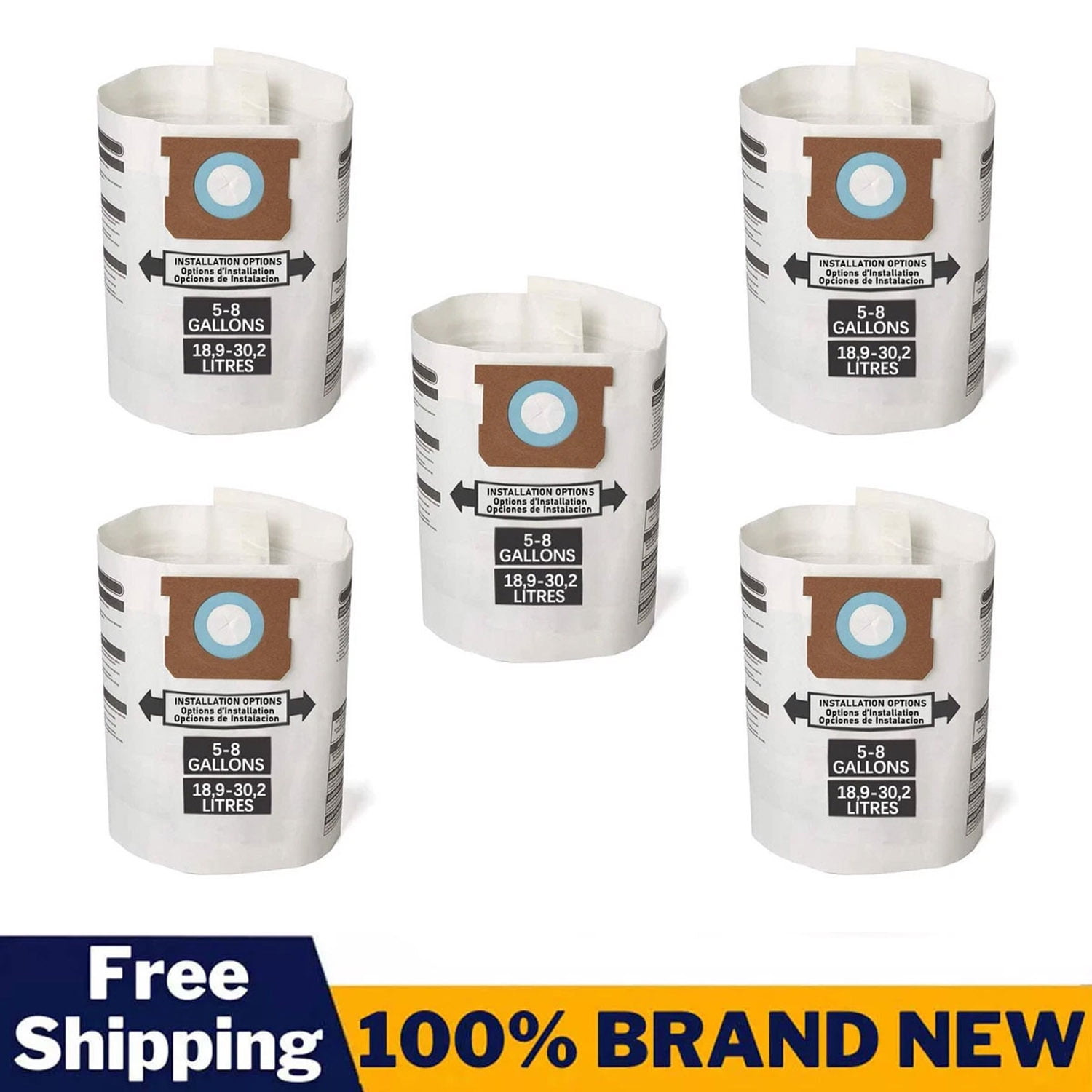 5 Pack For Shop-Vac 90661 Bag Type E for 5-8 Gallon Vacuum - 9066100 ...