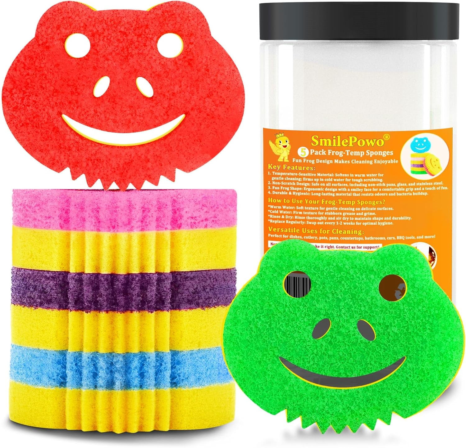 5 Pack Frog Dual-Sided Multi-Functional Scrub Sponge, Dual-Sided ...