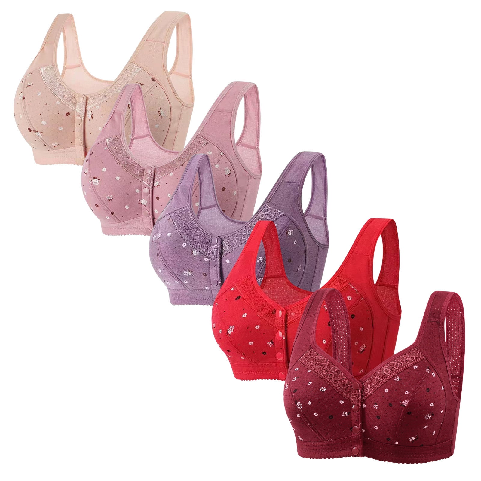 5 Pack Front Closure Daisy Bras for Older Women No Underwire Breathable ...