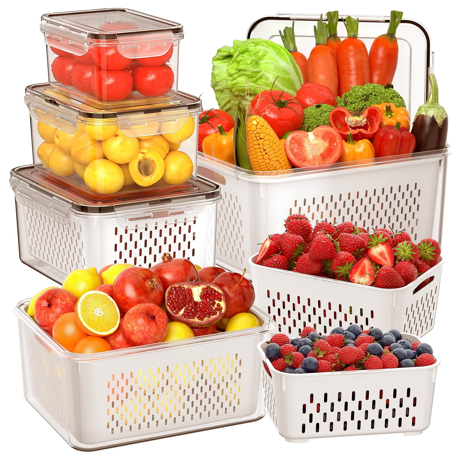 AMAZTEK Large Fruit Containers for Fridge, 5 PCS Leakproof Food Storage ...