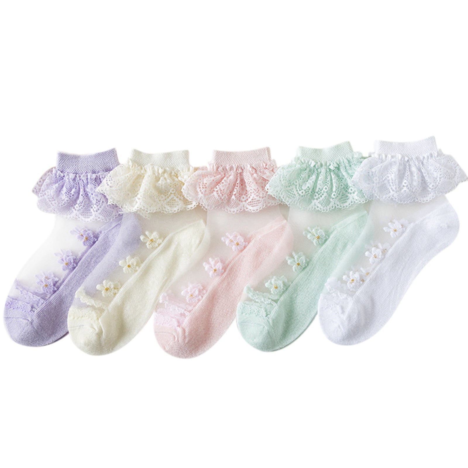5 Pack Girls Ruffle Socks Frilly Double Lace Socks Cotton Turn Cuff ...