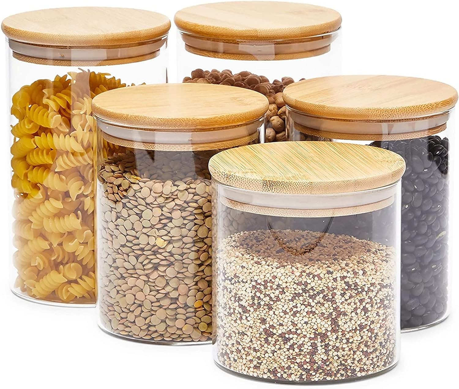 5-Pack Glass Canisters with Bamboo Lids, 3 Sizes for Pantry Storage ...