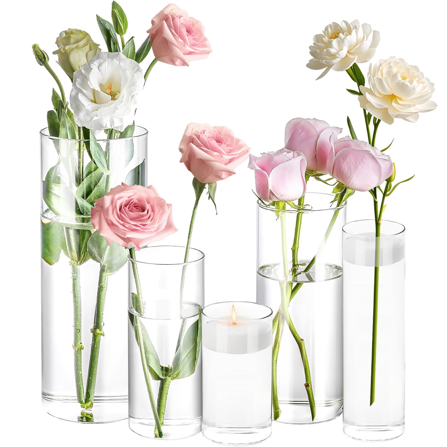 5 Pack Glass Cylinder Vases, Clear Glass Flower Vases for Centerpieces ...