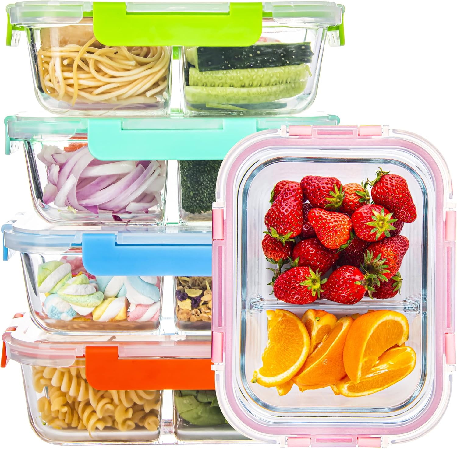 5-Pack Glass Lunch Boxes, 3 Compartments with Lids, Lunch Dividers ...