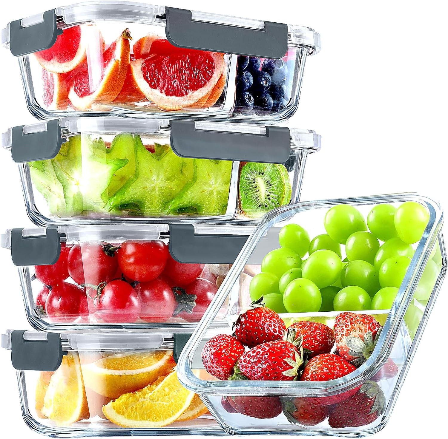 5 Pack Glass Meal Prep Containers 2 Compartment Set, 36OZ Airtight ...