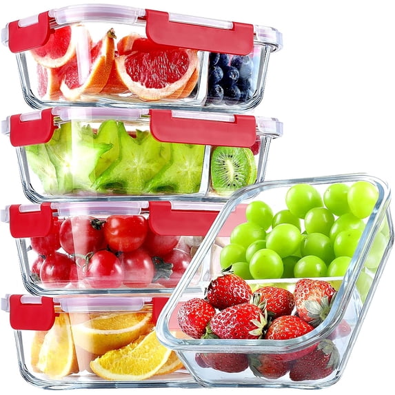 5 Pack Glass Meal Prep Containers 2 Compartment Set, 36OZ Airtight ...