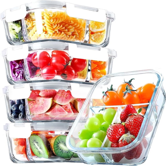 5 Pack Glass Meal Prep Containers 3 Compartment Set, 36OZ Airtight ...