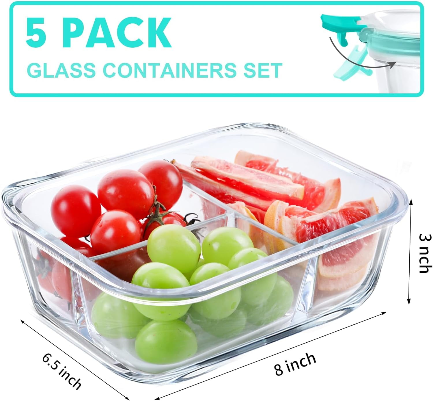 5 Pack Glass Meal Prep Containers 36OZ Airtight Glass Lunch Boxes with ...