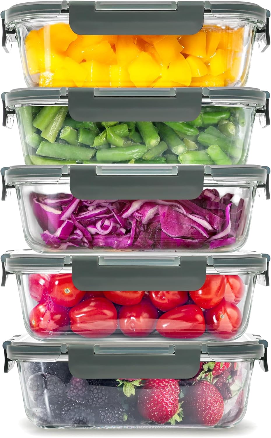 5 Pack Glass Meal Prep Containers with Lids - Airtight, Premium ...