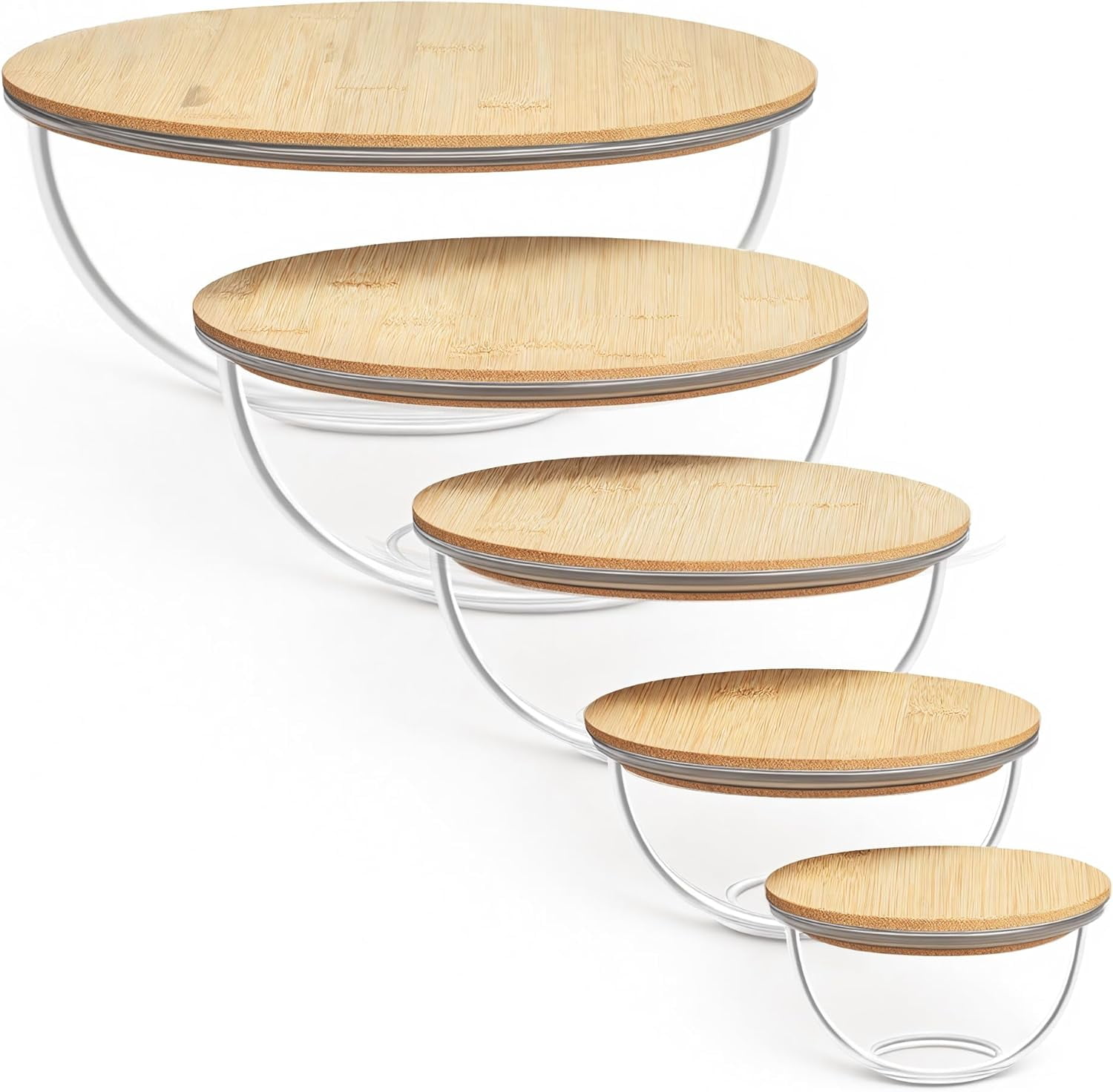 5 Pack Glass Mixing Bowls with Bamboo Lids Set (3.75/2.1/1.1/0.5/0.2 QT ...