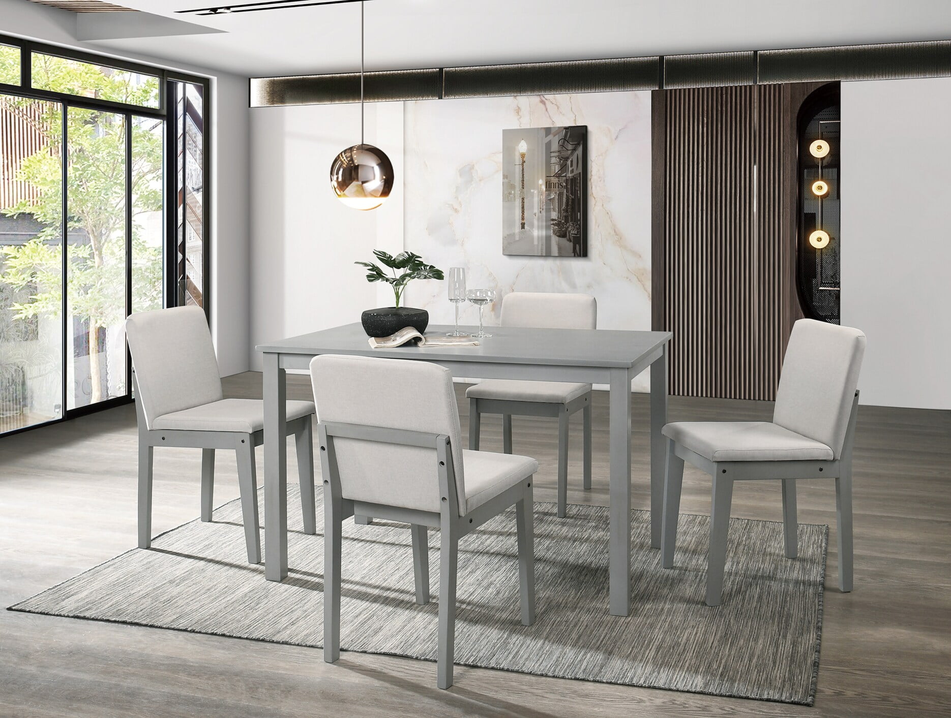 5 Pack Grey Finish Dining Room Set, Dining Table and 4 Chairs with ...