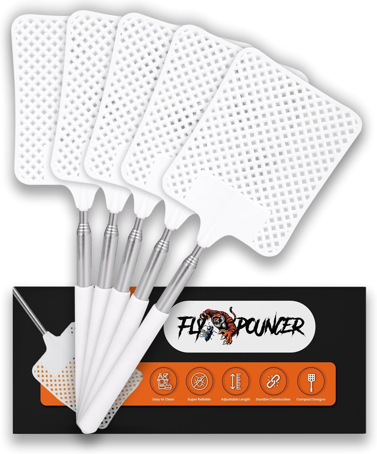 5-Pack Heavy Duty Fly Swatters – Indoor Manual Bug Swatter Set with Long Reach Handle – Stealthy ...