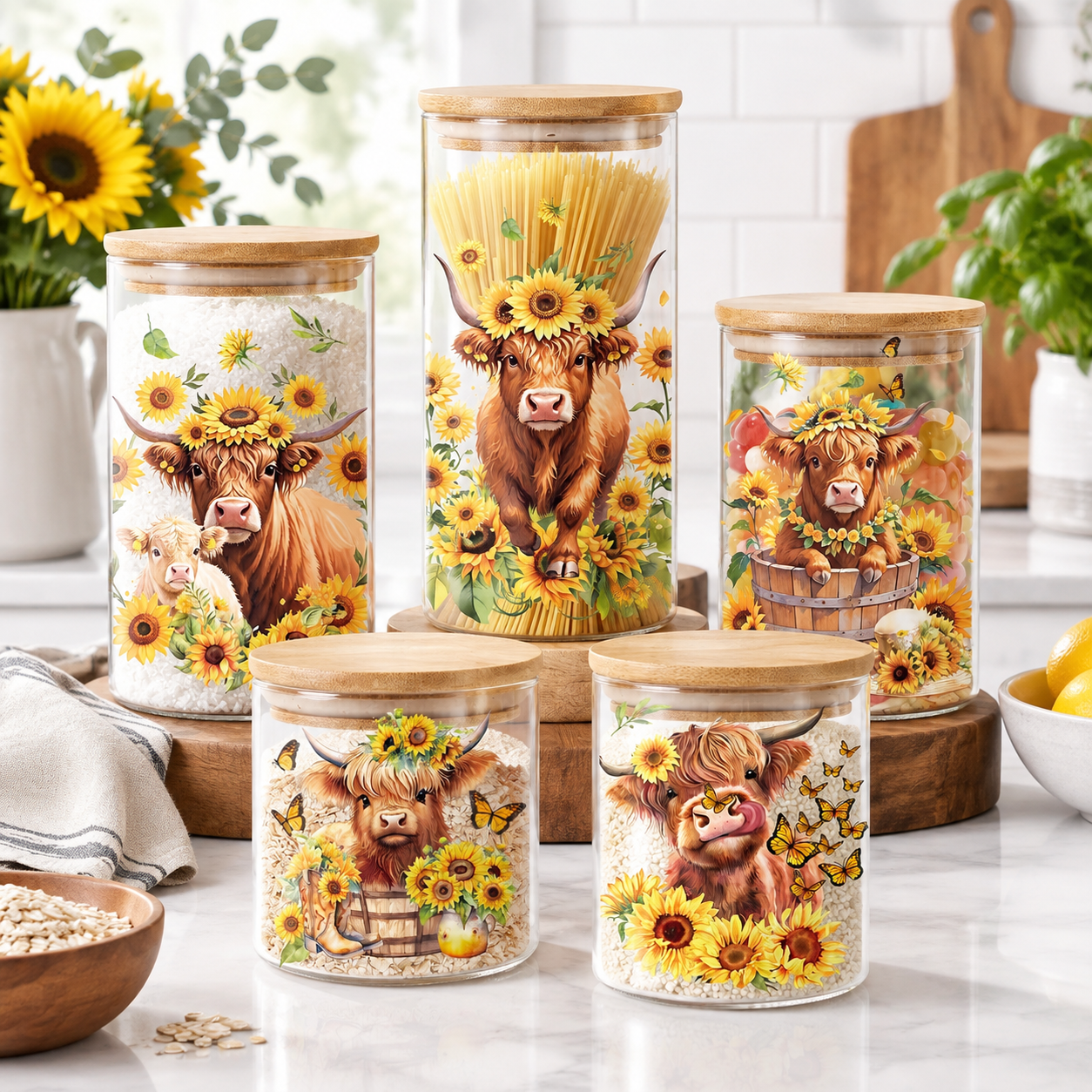 5 Pack Highland Cow Sunflower Glass Storage Jars with Airtight Lids ...
