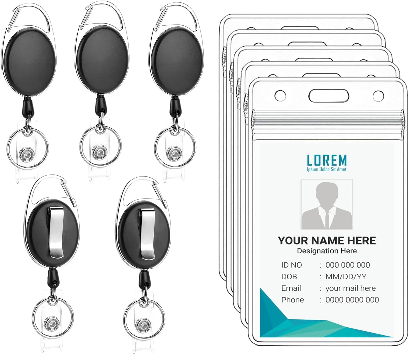 5 Pack ID Badge Holder With Clip Badge Reels Retractable Heavy Duty ...