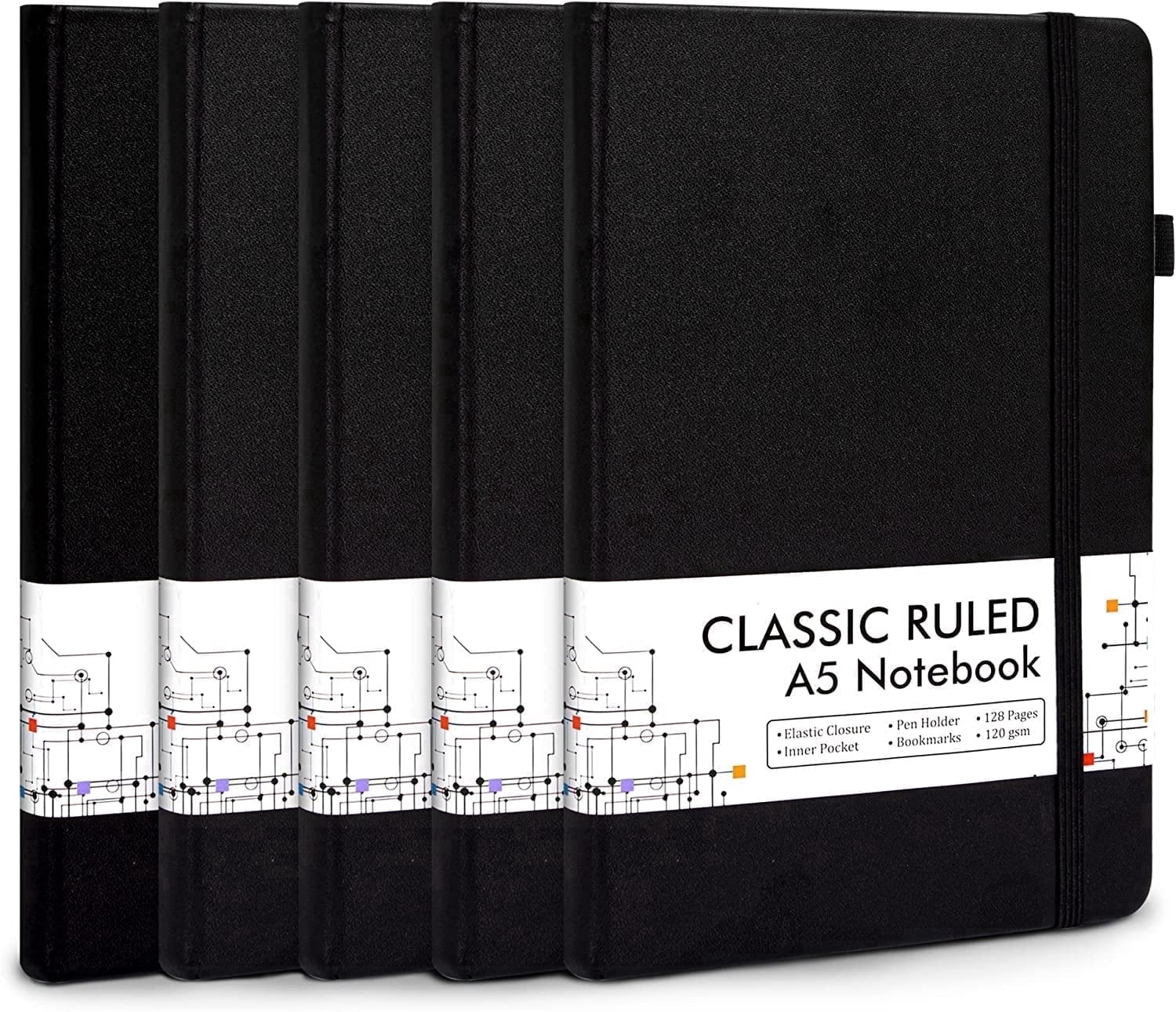 Feela, Journal Notebook, 5 Pack, Hardcover Classic Ruled 8.3