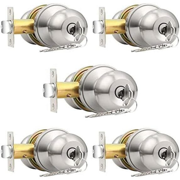 (5 Pack Keyed Alike Door Knobs Combo Pack, Brushed Nickel Ball Entry ...