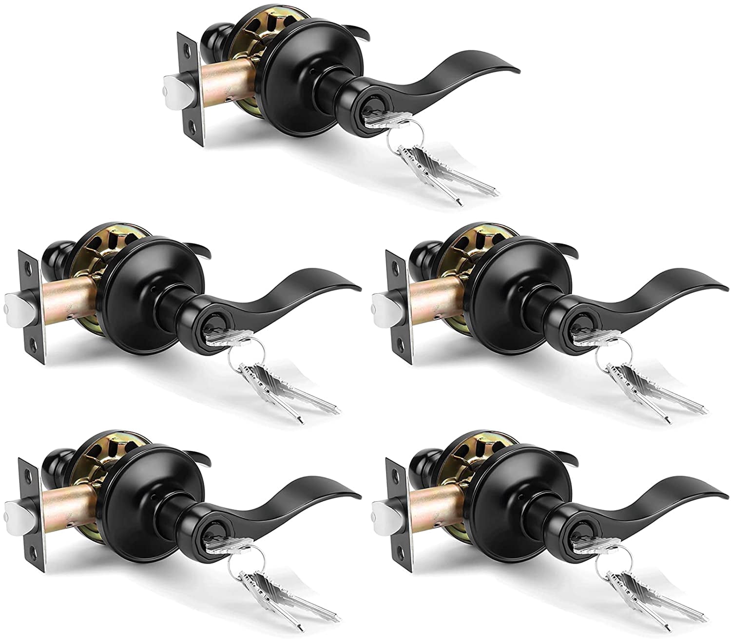 5 Pack Keyed Alike Door Lever Handle, Matte Black Wave Style Knobs with ...
