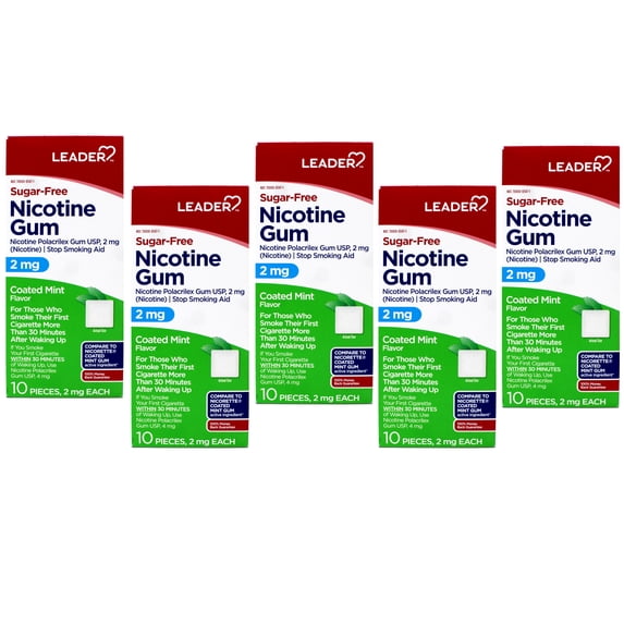 5 Pack - LEADER Nicotine Gum Stop Smoking Aid, 2 mg Nicotine, Sugar ...