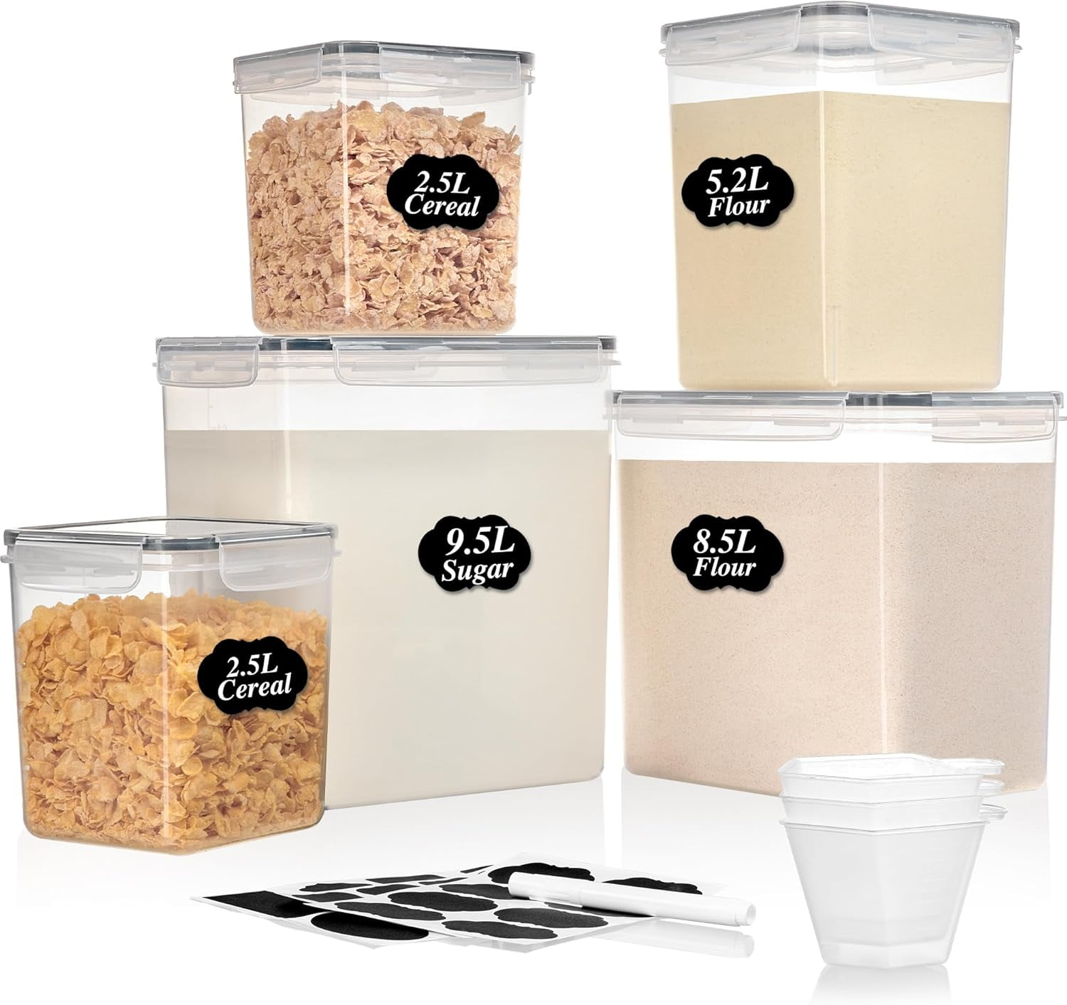 5 Pack Large Flour and Sugar Storage Containers Set, Airtight Kitchen ...