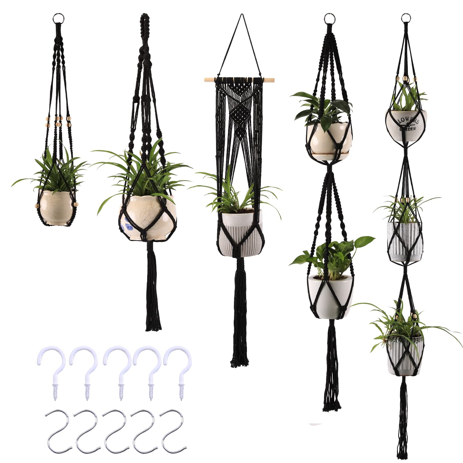5 Pack Macrame Plant Hanger Set with Hooks - Handmade Cotton Rope ...