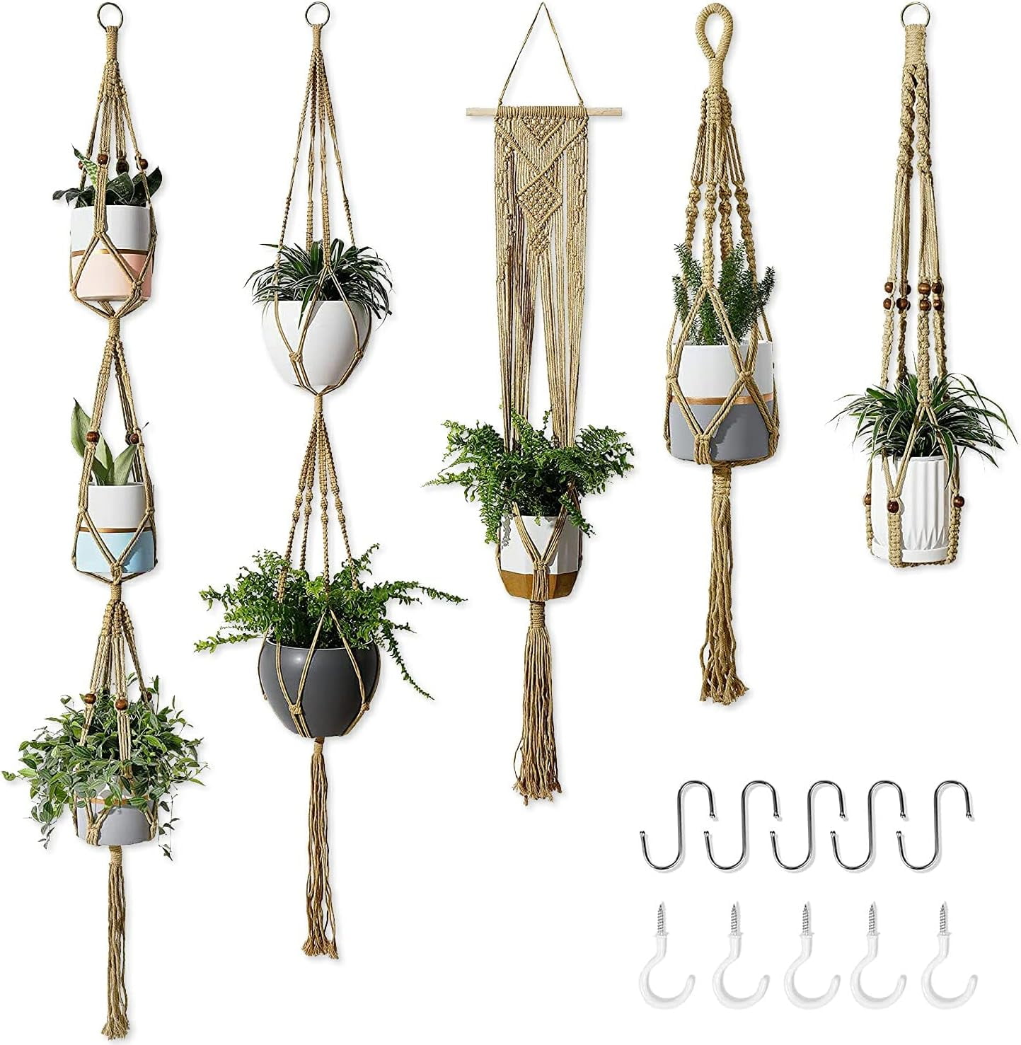 5-Pack Macrame Plant Hangers with 5 Hooks, Different Tiers, Handmade ...